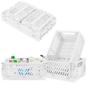 Weraher Plastic Storage Baskets for Desk Organizing, Office Drawer Organizer, 2 Medium+2 Small Durable Folding Storage Crate for Home Kitchen Classroom Office Bedroom and Bathroom Storage (White)