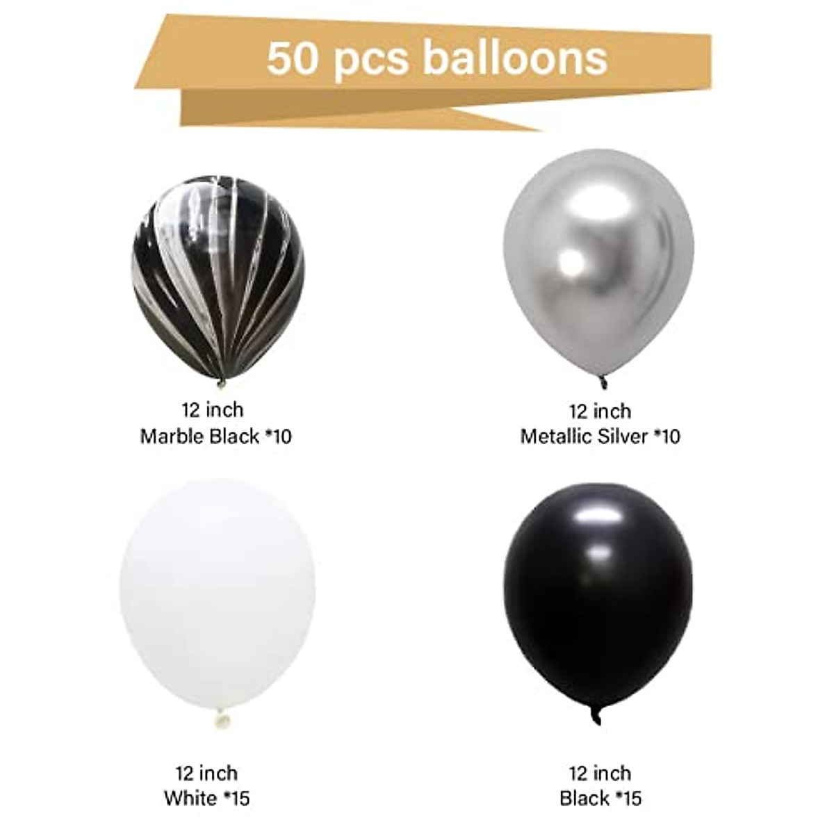 Marble Black and White Silver Party Set, 12 Inches 50 Pcs for Holiday Decoration Birthday Party Wedding Graduation Anniversary Bridal and Baby Latex Balloons