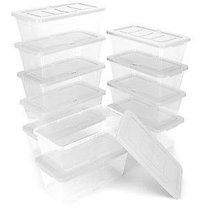 EOENVIVS Plastic Storage Bins 12 Pack Plastic Storage Container with Snap Lids, Stackable Shoe Organizer Boxes Storage Baskets for Organizing Closet Organizers and Storage, Clear+White