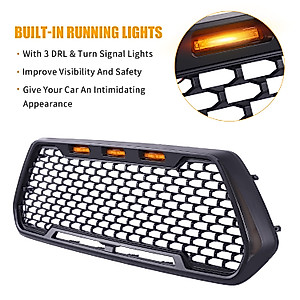 ToxicStorm Mesh Grille Front Grill Matte Black Compatible for Toyota Tacoma 2016-2019 with DRL & Turn Signal Lights and 3 Amber LED Lights