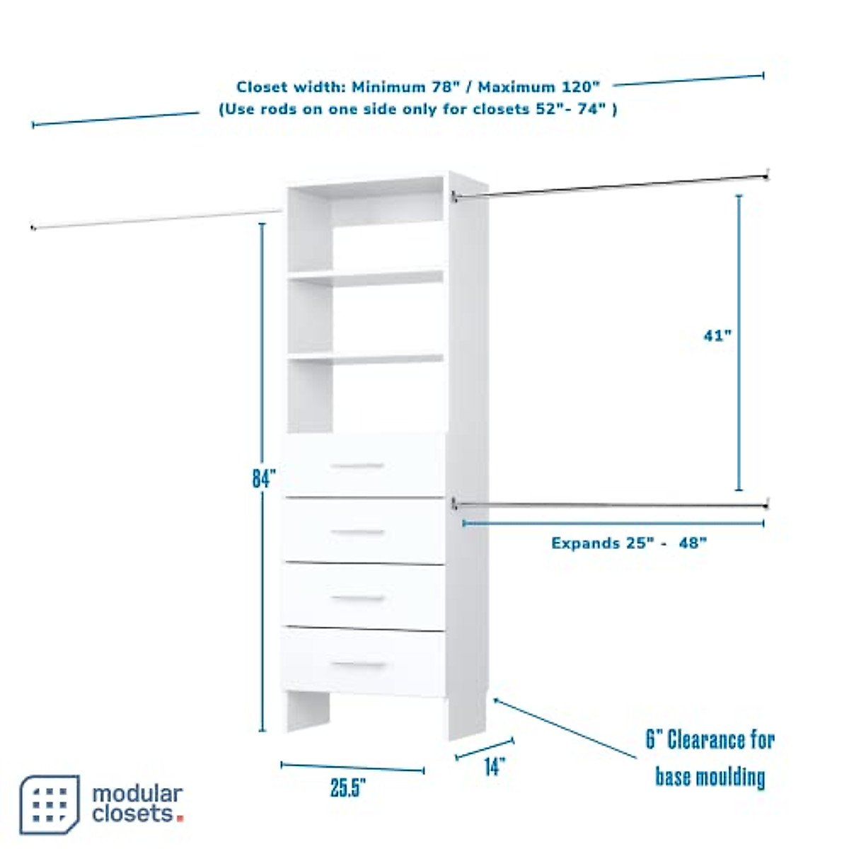 Closet Shelves Tower With Drawers & Hanging Closet Kit - Built In Closet Organizer System - Corner Closet System - Closet Organizers And Storage Shelves - Closet Shelving - Expands From 52" - 120" (ETW-DR4-25.5)