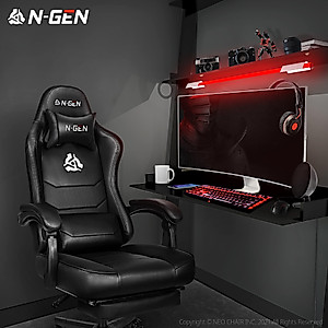 N-GEN Gaming Chair with Footrest Levelled Seat PU Leather Adjustable Ergonomic Lumbar Support High Back Office Swivel Computer Desk Headrest E-Sports PC Gamer Height Reclining (3. Black)