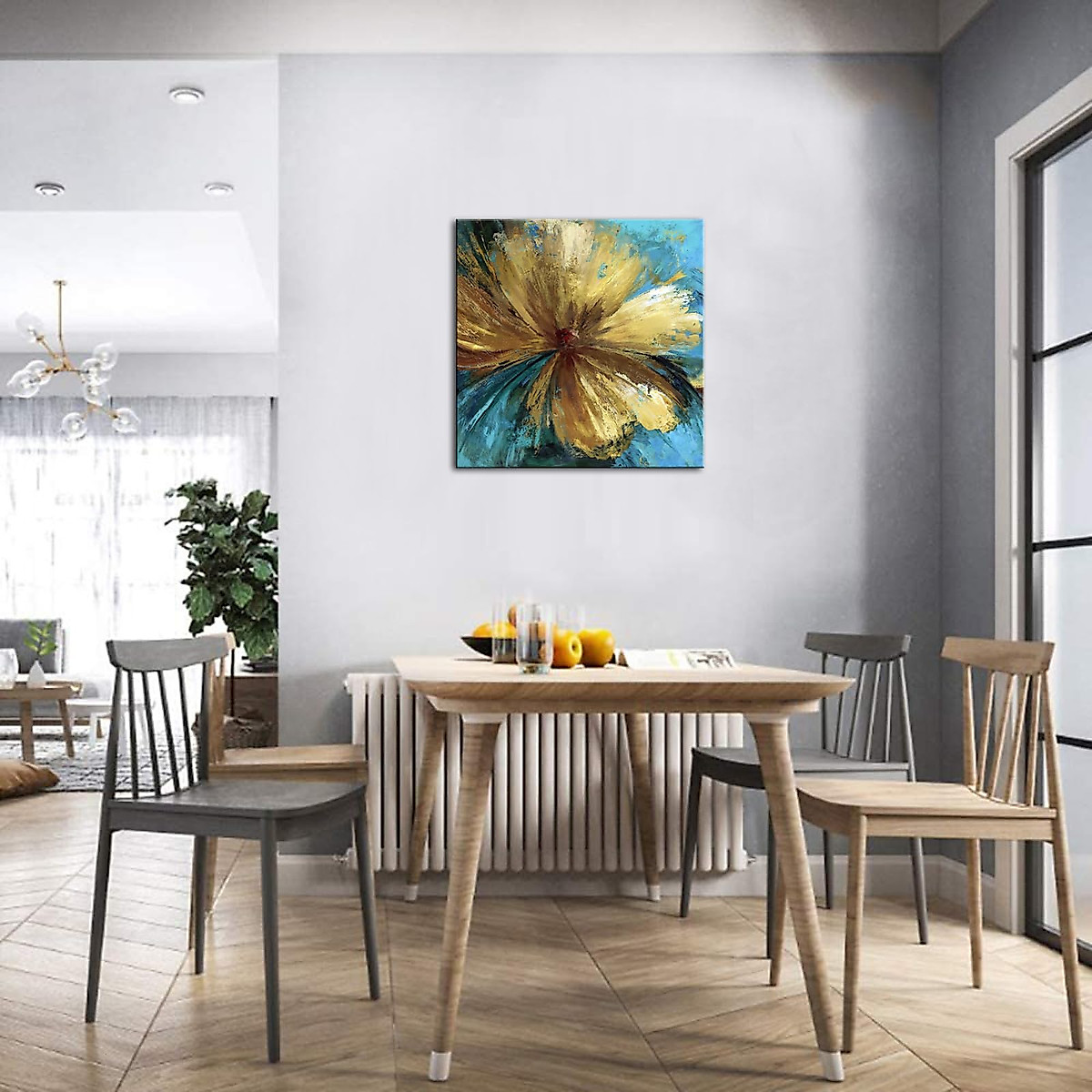 Biuteawal - Modern Canvas Flower Wall Art Abstract Gold Floral Blue Background Paintings on Canvas Still Life Artwork for Home Kitchen Living Room Bedroom Decorations Wall Decor