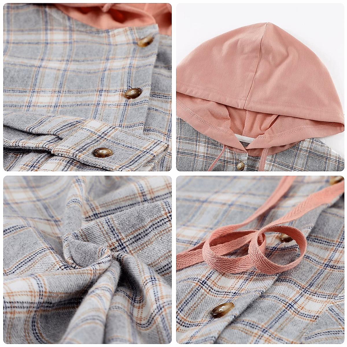 Knemksplanet Women Plaid Hooded Shirt Drawstring Flannel Sweatshirt Hoodie Jacket Casual Button Down Blouse Tops with Pocket Gray