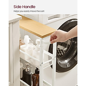 VASAGLE Slim Rolling Cart, 4-Tier Storage Cart, Narrow Cart with Handle, 5.1 Inches Deep, Metal Frame, for Kitchen, Dining Room, Living Room, Home Office, Oak Beige and Classic White ULRC032W09