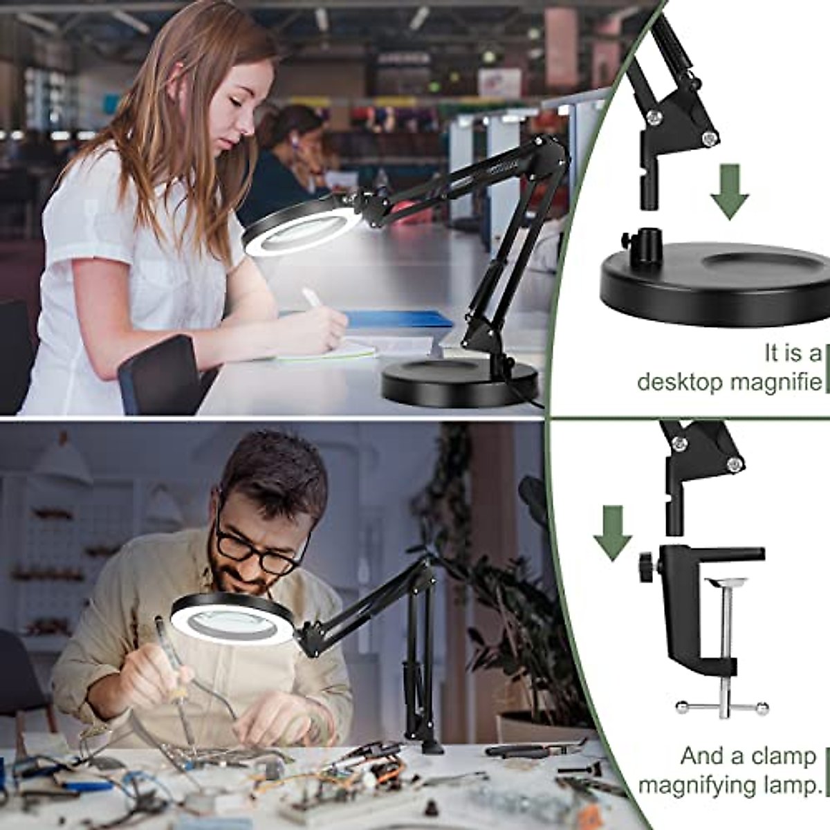 10X Magnifying Glass with Light and Stand, Upgrade Button 5 Color Modes Dimmable Lighting, Krstlv 2-in-1 LED Lighted Magnifier, Hands Free Desk Lamp with Clamp for Soldering Craft Hobby Close Work