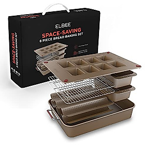 Elbee Home 8-Piece Nonstick Space Saving Bread Baking Pan Set - Includes Large Roasting Pan - Bread Loaf Pan - Baguette Pan - Cooling Rack - 8-Cavity Mini Loaf Pan Aluminized Steel - PFOA & PFOS Free