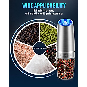 Gravity Electric Pepper and Salt Grinder Set, Salt and Pepper Mill & Adjustable Coarseness, Battery Powered with LED Light, One Hand Automatic Operation, Stainless Steel (Set/Silver)