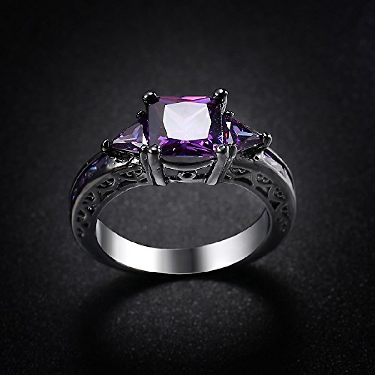SUKKCCNO Vintage Amethyst Cubic Zirconia Rings Gothic Purple Crystal Square Cut Black Rings Wedding Band Anniversary Mother's Day Holiday Gift Jewelry (Size-8)