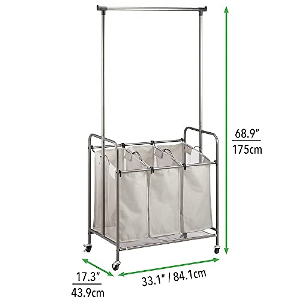 mDesign Portable Laundry Sorter with Wheels and Garment Hanging Bar - Heavy Duty Metal Cart System with 3 Hamper Laundry Sorter Basket Organizers and Drying Rack - Dark Graphite/Gray