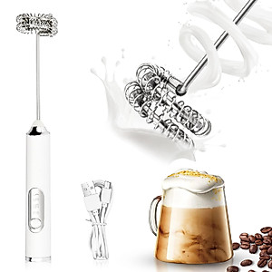 Electric Milk Frother Handheld White USB Rechargeable Drink Mixer, Detachable Milk Frother 3 Speeds Adjustable Foam Maker for Coffee, Lattes, Matcha, Hot Chocolate