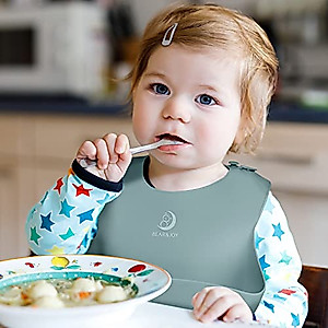 Bear&Joy Silicone Bibs for Babies, 2 Pack Baby Silicone Bibs, Soft Adjustable Fit Waterproof Bibs, Feeding Bibs with Food Catcher Pocket for Toddlers Girls Boys Kids