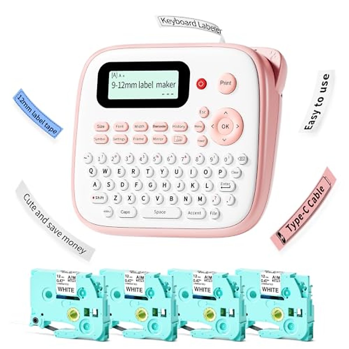Vixic Pink Label Maker Machine with 4 Tapes, D210S Label Maker Machine, Portable Label Maker with Keyboard, QWERTY Keyboard Handheld & Easy to use, Multiple Fonts Frames for Home/Office/School