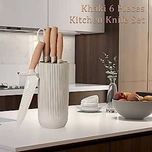 Kitchen Knife Set, 6 Pieces Professional Knife Set with Universal Knife Block, Super Sharp Knife Set with Ergonomic Handle, Non-Stick Stainless Steel Knife Block Set (Khaki)