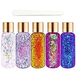 Body Face Glitter Gel SUPGIFT 5 Colors 7.8oz Holographic Chunky Chameleon Liquid Glitter Sequins Glue for Makeup Eyeshadow Hair Nail Slime Craft Resin with Spoon