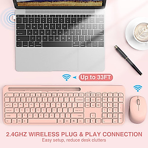 Wireless Keyboard and Mouse Combo, WisFox 2.4G USB Wireless Ergonomic with Phone Holder, Full-Size Keyboard and Mouse Set for Computer, Laptop and Desktop(Pink)