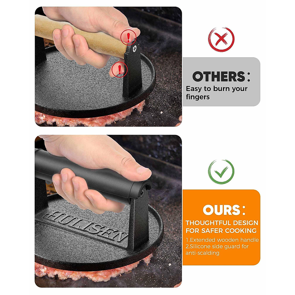 HULISEN Pre-Seasoned Cast Iron Burger Press, Heavy Duty 6” Burger Smasher for Griddle with Heat Resistant Handle, Grill Press for Hamburger, Bacon, Meat, Steak, Patty, Barbecue Grilling Tool, 2.3lb