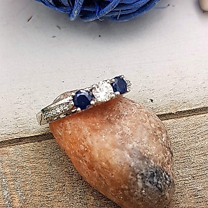 Dazzlingrock Collection Round Blue Sapphire & White Diamond 3 Stone Wedding Ring for Women in 14K White Gold Size 7.5