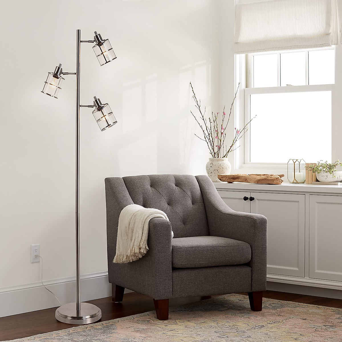 Catalina Lighting 20442-000 Modern 3 Light Floor Lamp with Adjustable Ribbed Glass Shades & Reading Light, 68", Classic Brushed Nickel