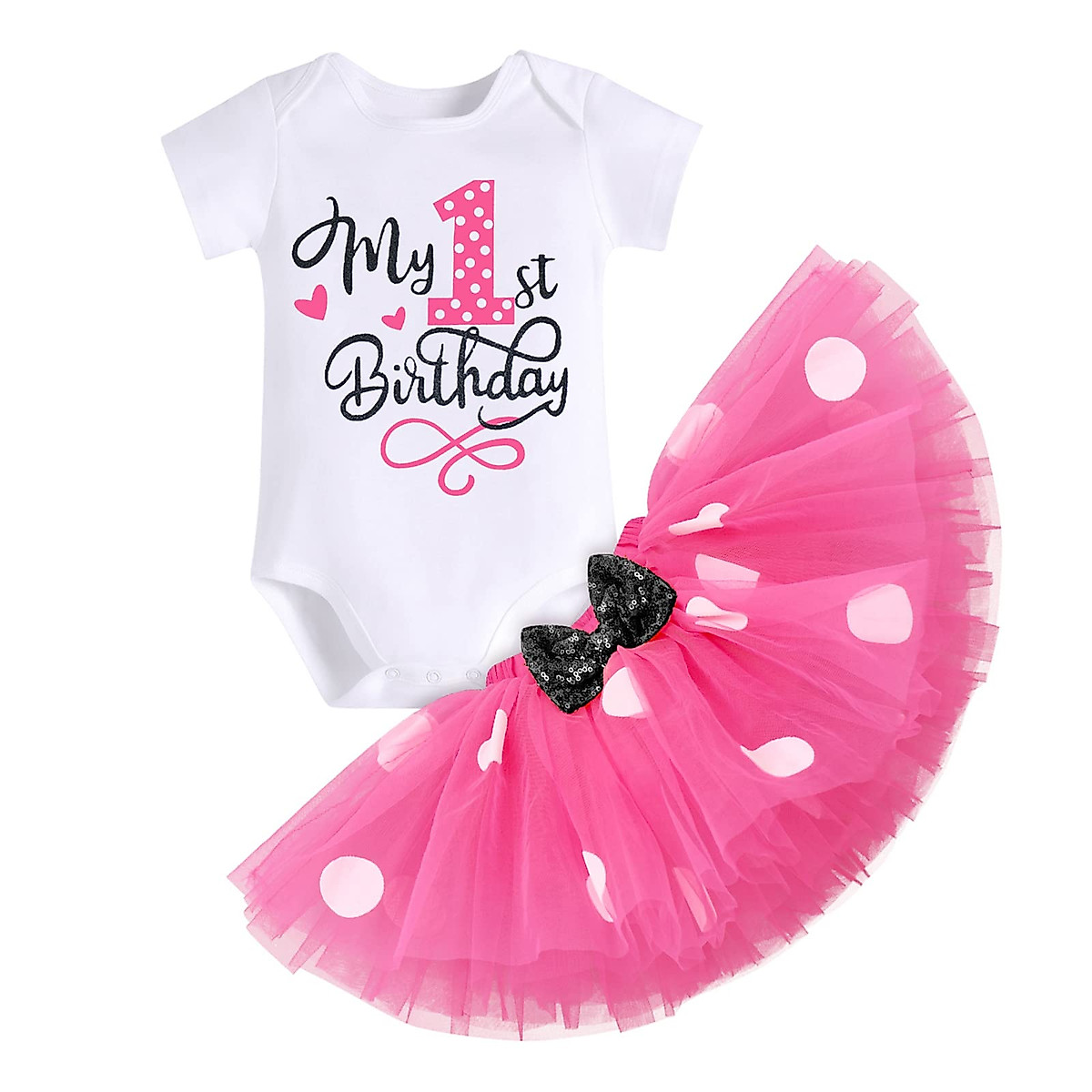 IBTOM CASTLE Baby Girls One 1st Birthday Outfit Polka Dots Romper Tutu Dress Sequin Bowknot Headband Princess Skirt One Years Old Clothes Set for Kids Prom Dance Evening Ball Gown Hot Pink-1ST 1T