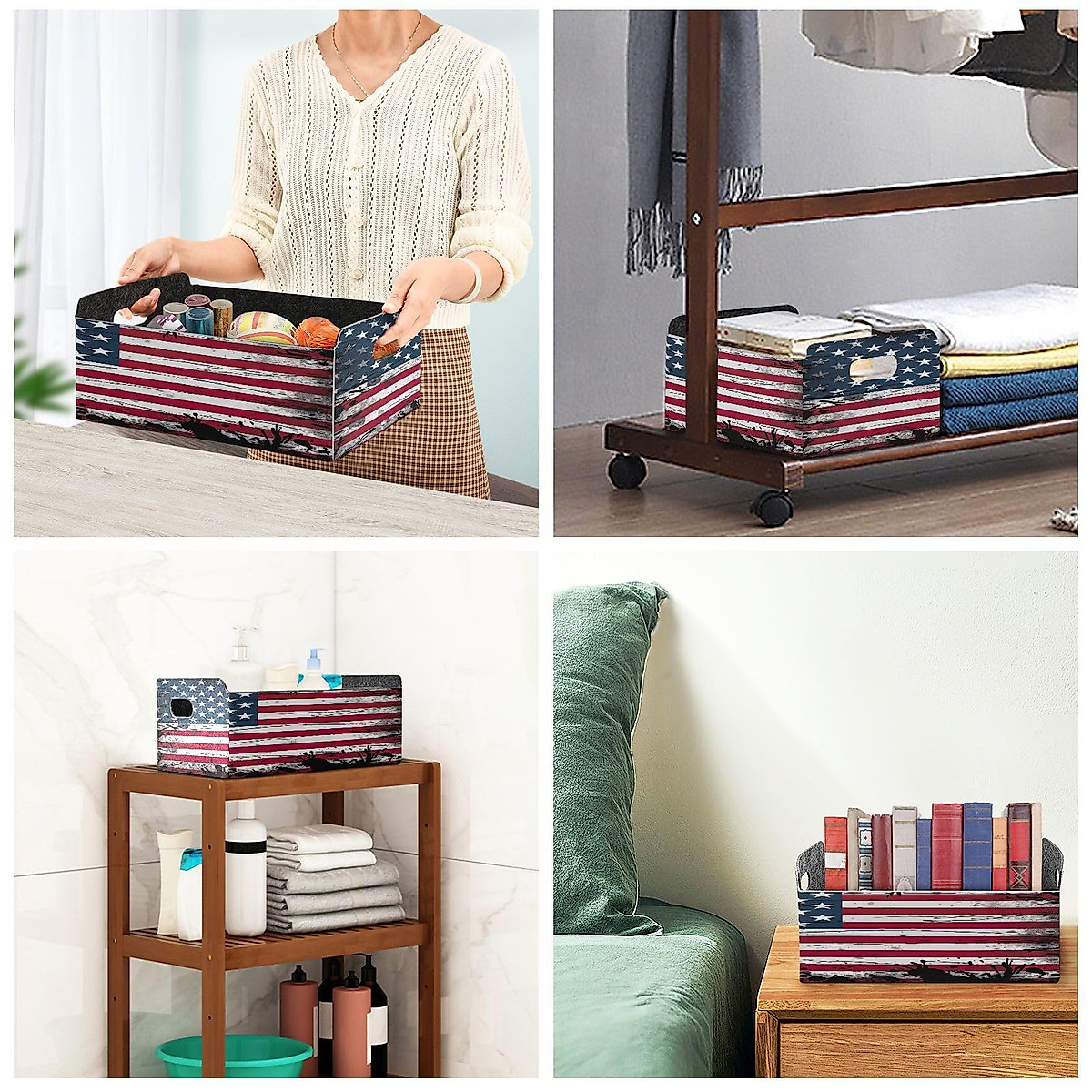 YETTASBIN American Flag Felt Storage Baskets with Handle, Collapsible Open Storage Bin Drawers Storage Box for Shelf Closet Office Bedroom Nursery Home, 14 x 5 x 10 Inch