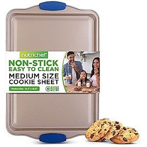 15” Non Stick Cookie Sheet, Large Gold Commercial Grade Restaurant Quality Carbon Steel Bakeware with Blue Silicone Handles, Compatible with Models NCSBSG63, NCSBSG60