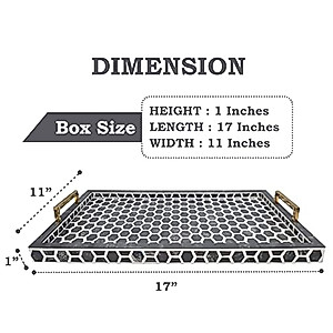 Moroccan Pattern Quatrefoil Bone Inlay Rectangular Serving Tray Brushed Brass Handles Dinner Coffee Decorative Gray