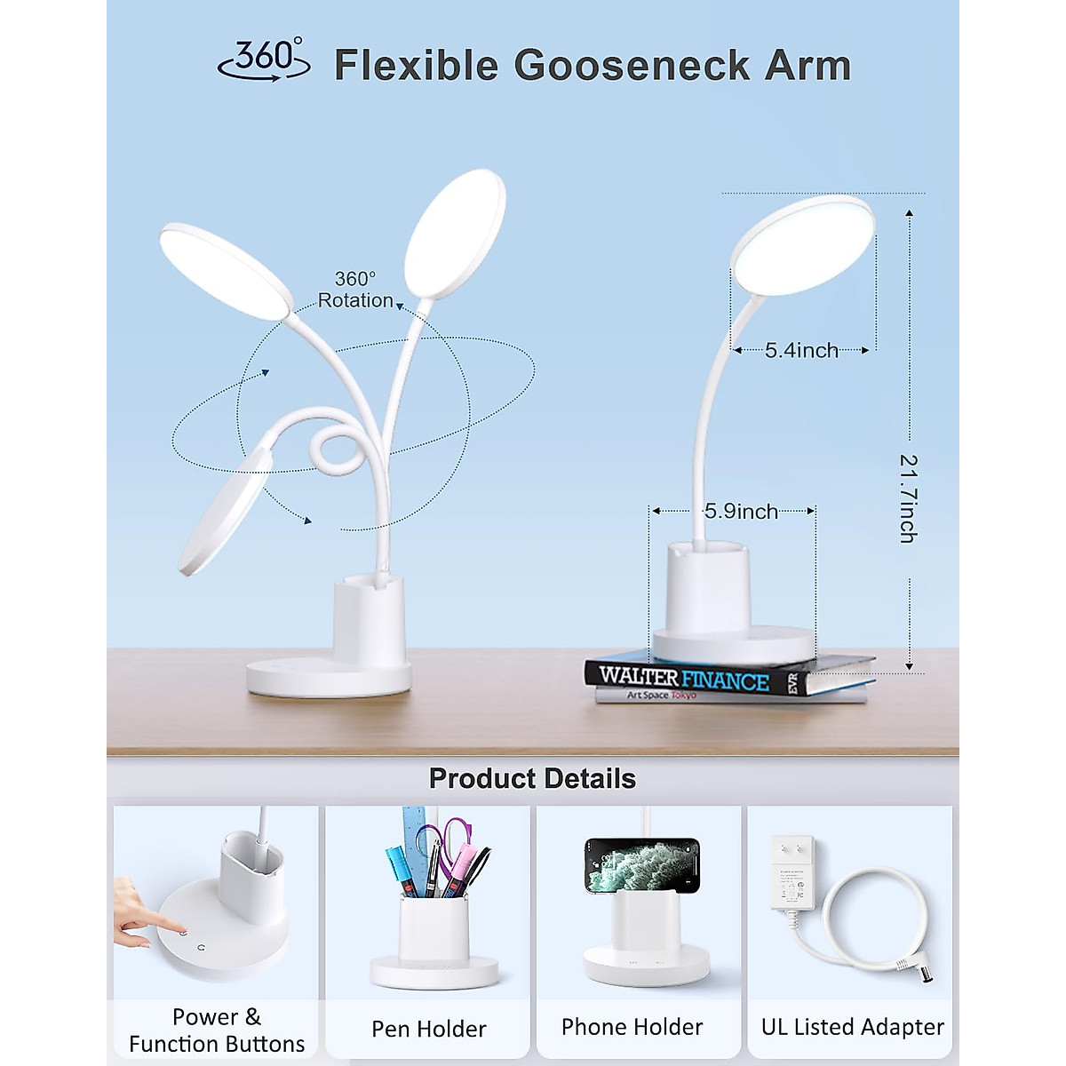 Sailstar Small Desk Lamp, LED Desk Lamps for Home Office, Eye-Caring Study Desk Light for Kids, Touch, 3 Lighting Modes, Adjust Brightness, 800LM, 360°Gooseneck Desk Lamp for College Dorm Room, White