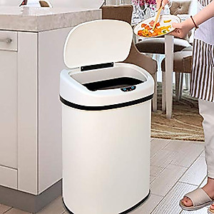 BHP Automatic Garbage can, Touch Free Stainless Steel Trash Can, No Touch Kitchen Waste Bin,High-Capacity Bathroom Trash Can with Lid for Home Bedroom Office, Powered by Battery, White