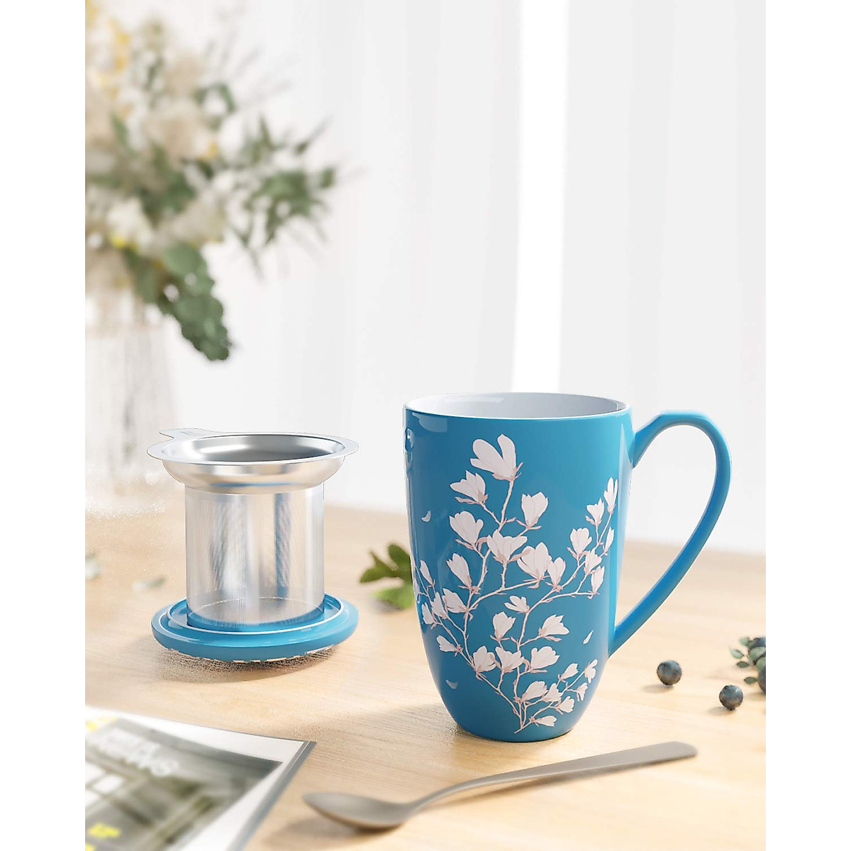 immaculife Tea Cup with Infuser and Lid - Tea Mug with Lid for Steeping Loose Leaf Tea Bag Coffee Milk Women Office Home Gift 16oz Navy Flower