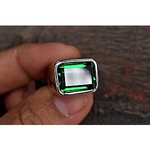 Green Emerald Ring for Men and Women Signet Emerald Cut Gemstone Sterling Silver Band Gift Rings All US Rings Size (8)
