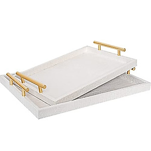 JUMBO HUMBLE Modern Elegant Large Wood Serving Tray, Set of 2 Pearl White Crocodile Leather with Gold Polished Metal Handles, Rectangle Decorative Tray Ottoman Tray Coffee Table Tray for Living Room