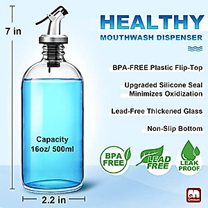 GMISUN Mouthwash Dispenser, 2 Pack 16oz Glass Mouthwash Decanter for Bathroom, 2 Refillable Mouthwash Bottles Container, 3 Pour Spouts, 2 Reusable Mouthwash Cups, Preprinted Labels and Funnel