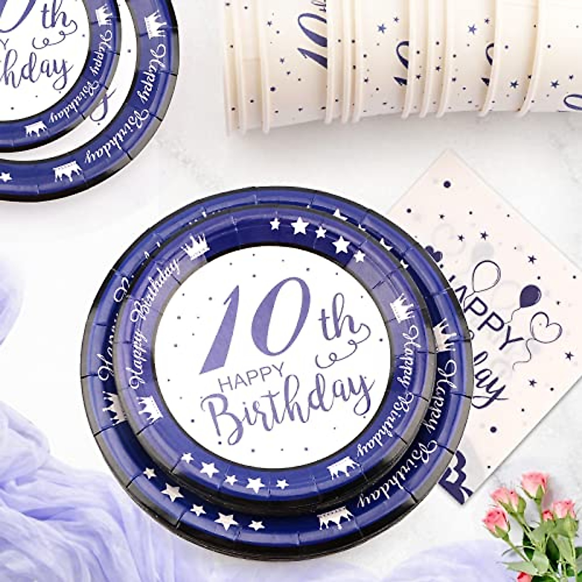 10th Birthday Decorations for Boys Girl, 96pcs Happy Birthday Plates and Napkins Navy Blue Party Tableware Set Party Supplies Paper Plates Napkins Cups 10th Birthday Plates - Serves 24 Guests