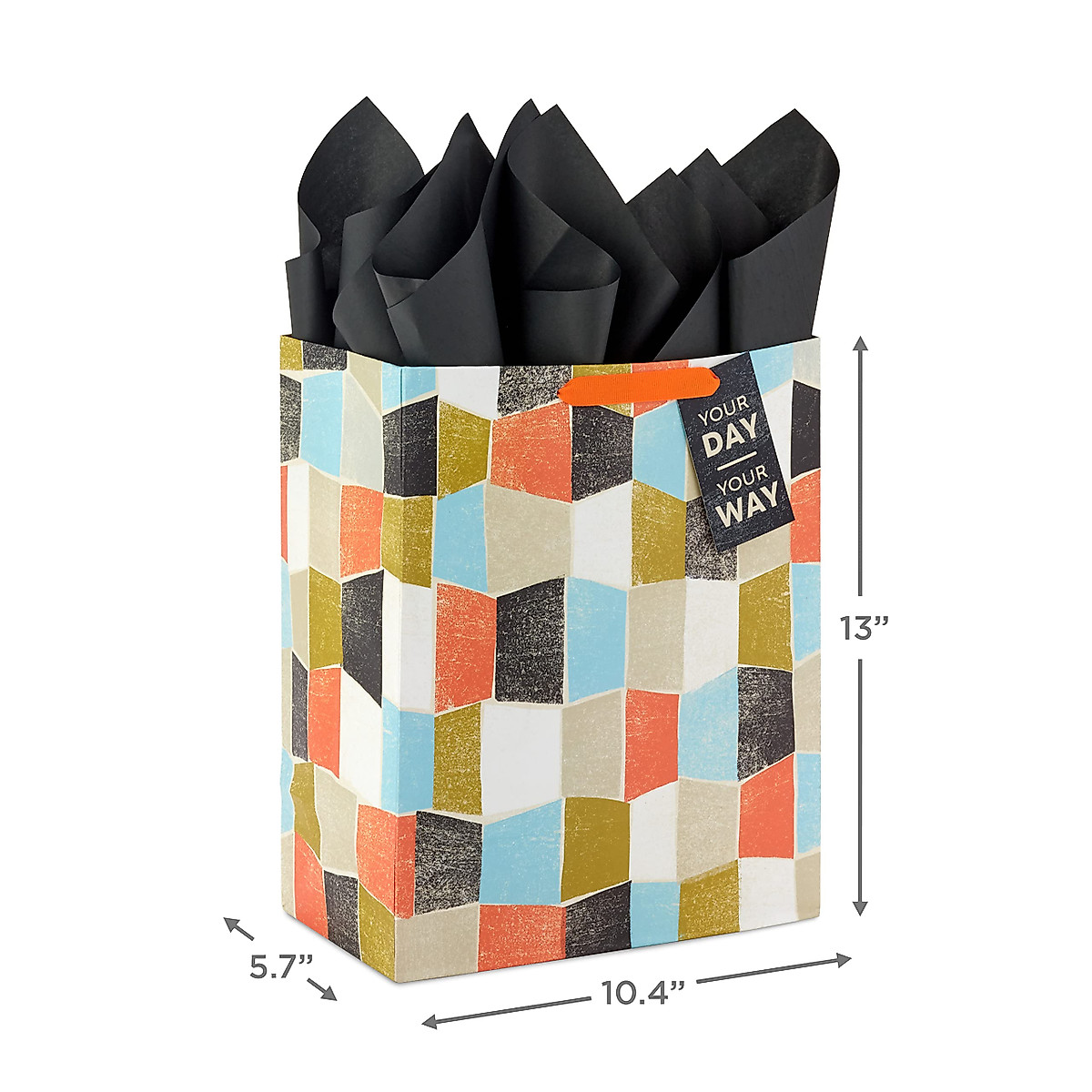 Hallmark Wrap 13" Large Gift Bag with Tissue Paper, 130, Orange, Blue, Green, Black