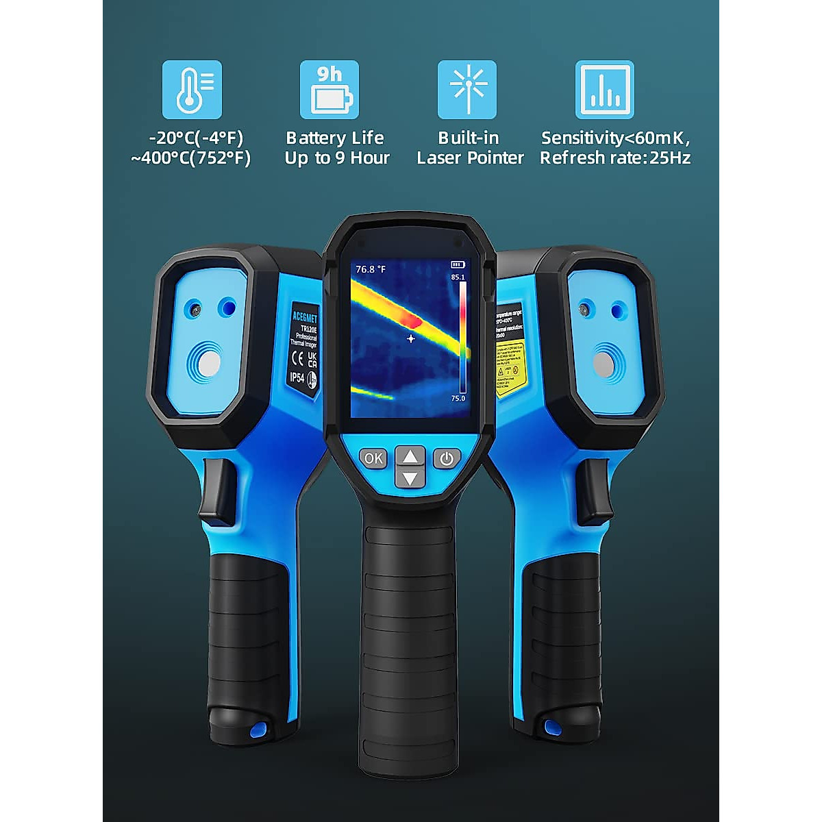 ACEGMET TR120E Thermal Imaging Camera, 120 x 90 IR Resolution Handheld Thermal Camera 10800 Pixels, 25 Hz Refresh Rate Thermal Imager with Laser Pointer, 2.4" LCD Screen, IP54, -4°F~752°F Range