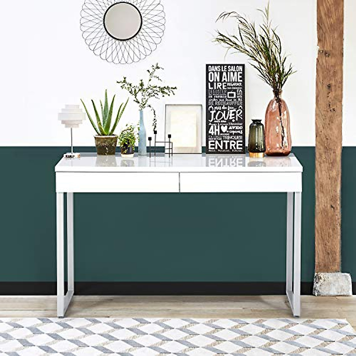 GreenForest Vanity Desk with 2 Drawers Glossy White 47 inch Modern Home Office Computer Writing Desk Makeup Dressing Table with Metal Silver Legs for Bedroom,Without Mirror