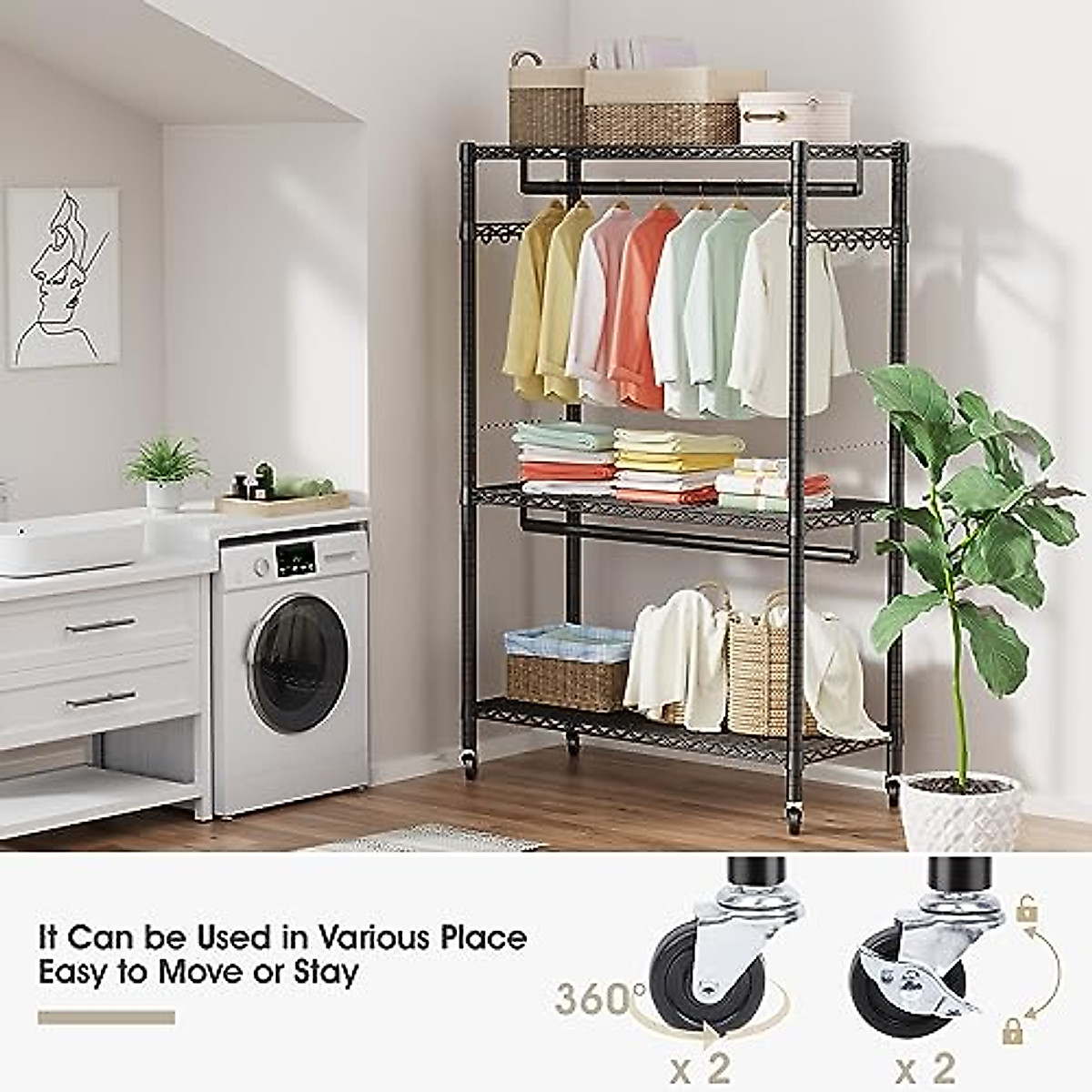 DEKYHOME Portable Closet, Clothing Rack with Storage Shelves, 3 Tiers Adjustable Wire Heavy Duty Rolling Garment Rack, Freestanding Closet Organization Systems with Double Rods and Side Hooks