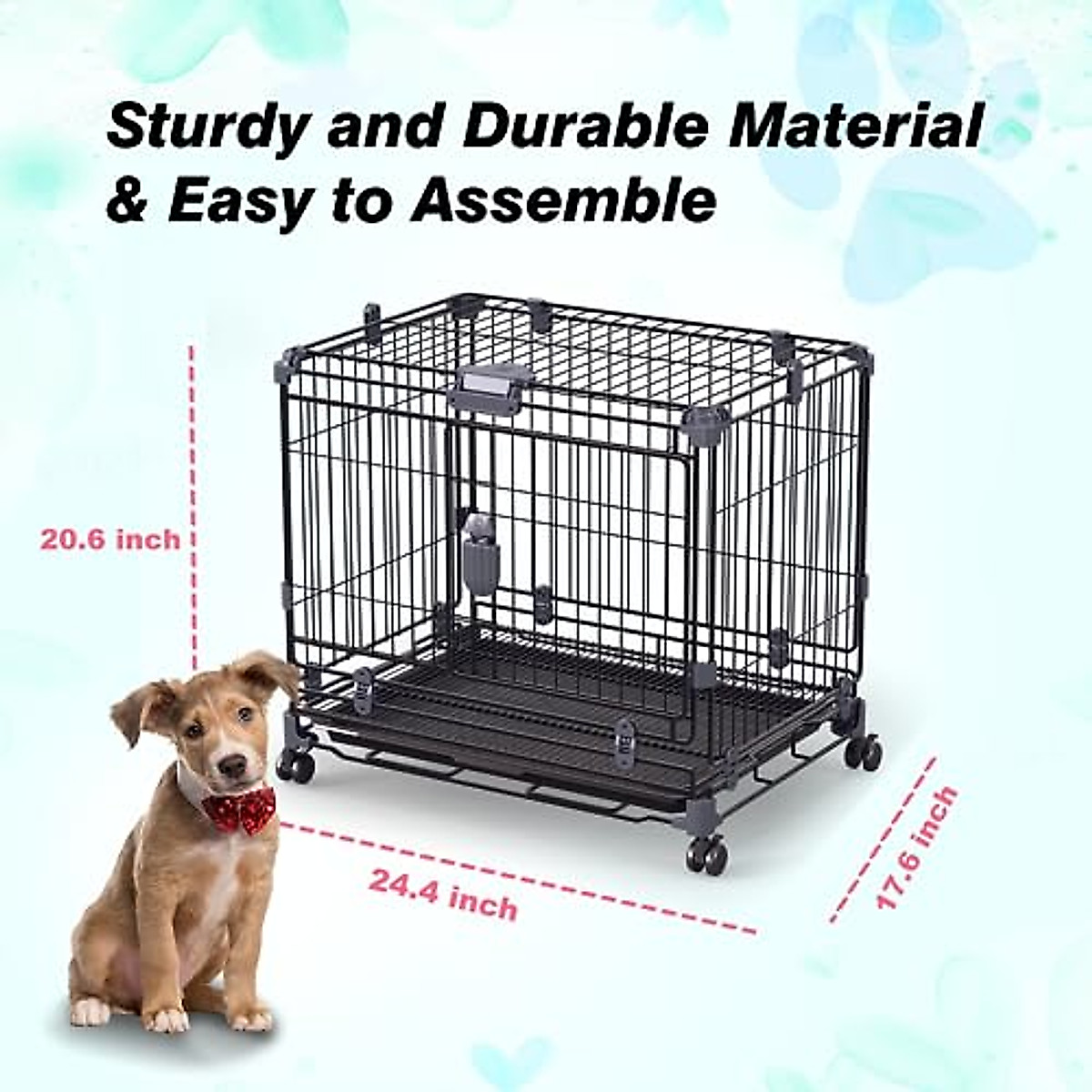 Docal Heavy Duty Dog Crate with Wheels, Easy to Assemble Medium Dog Kennel Dog Playpen with Double Door and Drawer Leak-Proof Tray, Multiple Stackable Thick Sturdy Carbon Steel Pet Cage，Black 24 inch