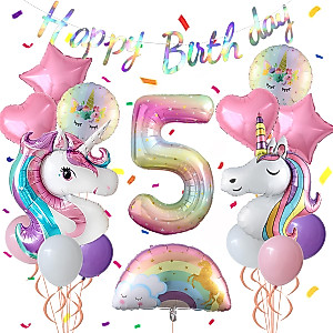 Unicorn 5th Birthday Party Decorations for Girl Purple Pink Unicorn Party Theme Balloon Set, Large Rainbow Unicorn Helium Balloons with Heart and Star Baby Shower Kids Supplies (number 5 set)