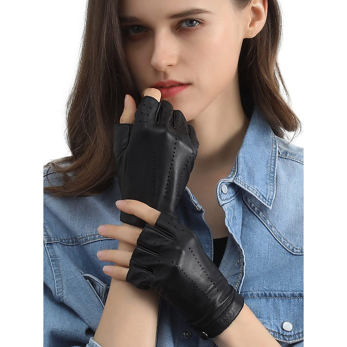 GSG Women's Driving Gloves Fingerless Leather Motorcycle Gloves Unlined Half Finger Black Small