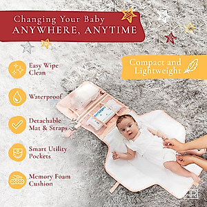 Portable Diaper Changing Pad Waterproof – B0NUS Insulated Baby Bottle Bag, 2-in-1 Diaper Clutch and Changing Mat, Wipe Clean Portable Changing Pad with Built-in Head Cushion (Peach)