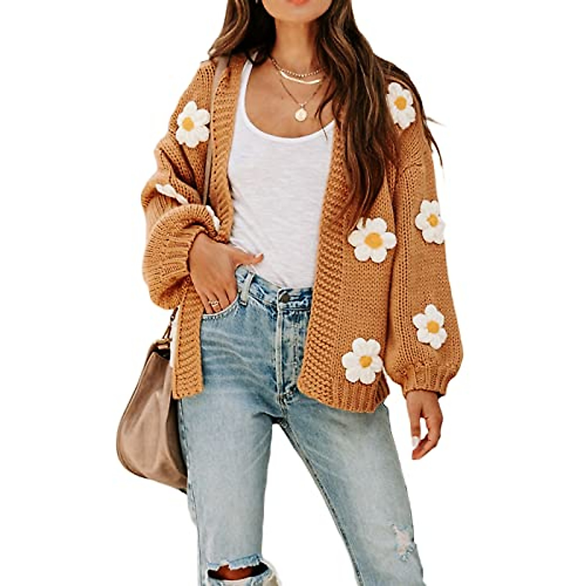 Women Crop Cardigan Sweater Long Lantern Sleeve 3D Flower Open Front Y2K Knit Cardigan Kawaii Crochet Sweater Tops (Camel+Flower, M)