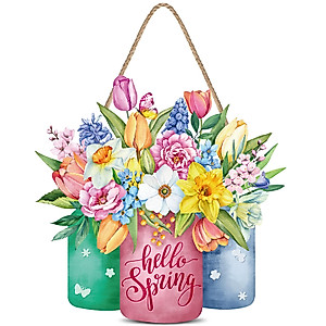Hello Spring Door Sign Colorful Floral Spring Hanging Sign Happy Spring Welcome Door Sign Rustic Wood Wall Hanging Decoration for Spring Easter Party Outdoor Indoor Front Door Decor (Flower Style)