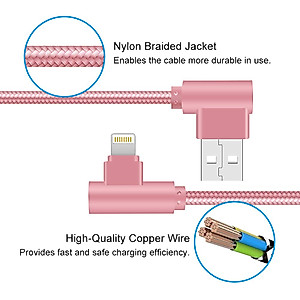Quickeep Lightning Cable 10ft 90 Degree iPhone Charger 3 Pack Right Angle iPhone Charging Cable Nylon Braided Fast Charge Cord Compatible with iPhone 14/13/12/11/ XS/XR/X/8/7/6 (Rose Gold)