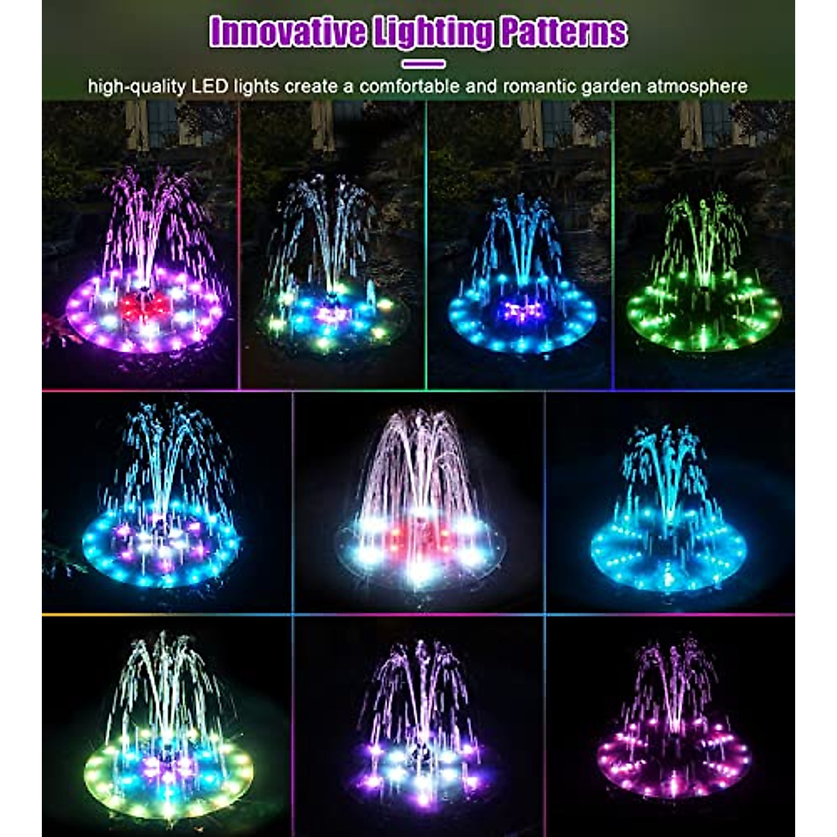 SZMP Solar Fountain 4W Bird Bath Fountains 2024 Upgraded 60LED Lights, Solar Powered Fountain Pump Built-in 4000 Battery with 7 Nozzle & 4 Fixer, Solar Water Fountain for Garden, Bird Bath, Pool, Pond