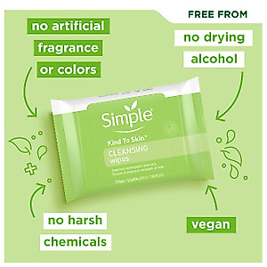 Simple Kind to Skin Facial Cleansing Wipes Cleanser & Makeup Remover Cleansing Removes Waterproof Mascara 7 Wipes