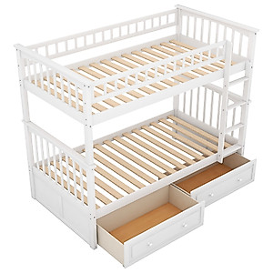 Harper & Bright Convertible Wood Twin-Over-Twin Bunk Bed with Storage Drawers and Ladder - Can Be Divided Into Two Daybeds (White)