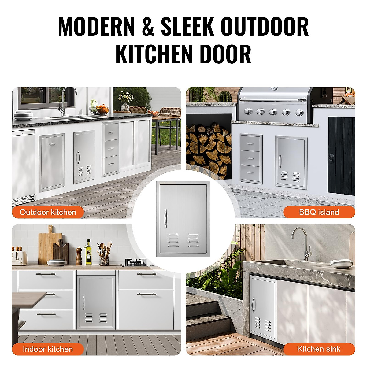 VEVOR BBQ Access Door, 17W x 24H Inch Single Outdoor Kitchen Door, Stainless Steel Flush Mount Door, Wall Vertical Door with Handle, Vents and Hook, for BBQ Island, Grilling Station, Outside Cabinet