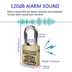 Alarm Padlock - Anti-Theft Heavy Duty Security Alarm Lock - 120db Alarm Sound - Weather Proof for Door Storehouse Truck with 4 Keys (10mm) Bronze